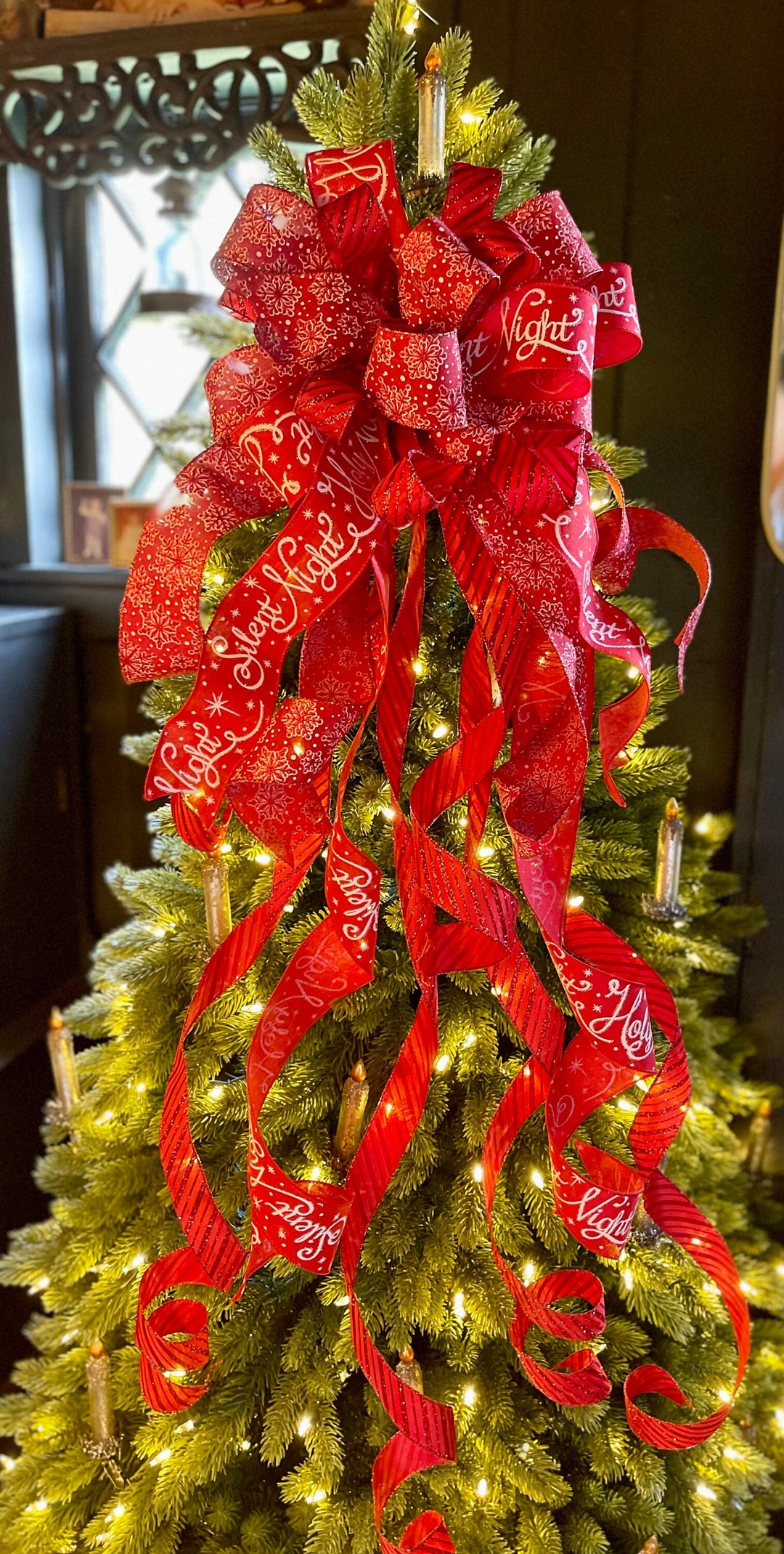 The Enya Red & White Snowflake Christmas Tree Topper Bow, Winter Bow ...