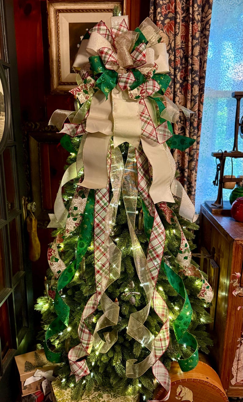 The Ivy Cream & Gold Christmas Tree Topper Bow, Christmas Tree Trimming ...