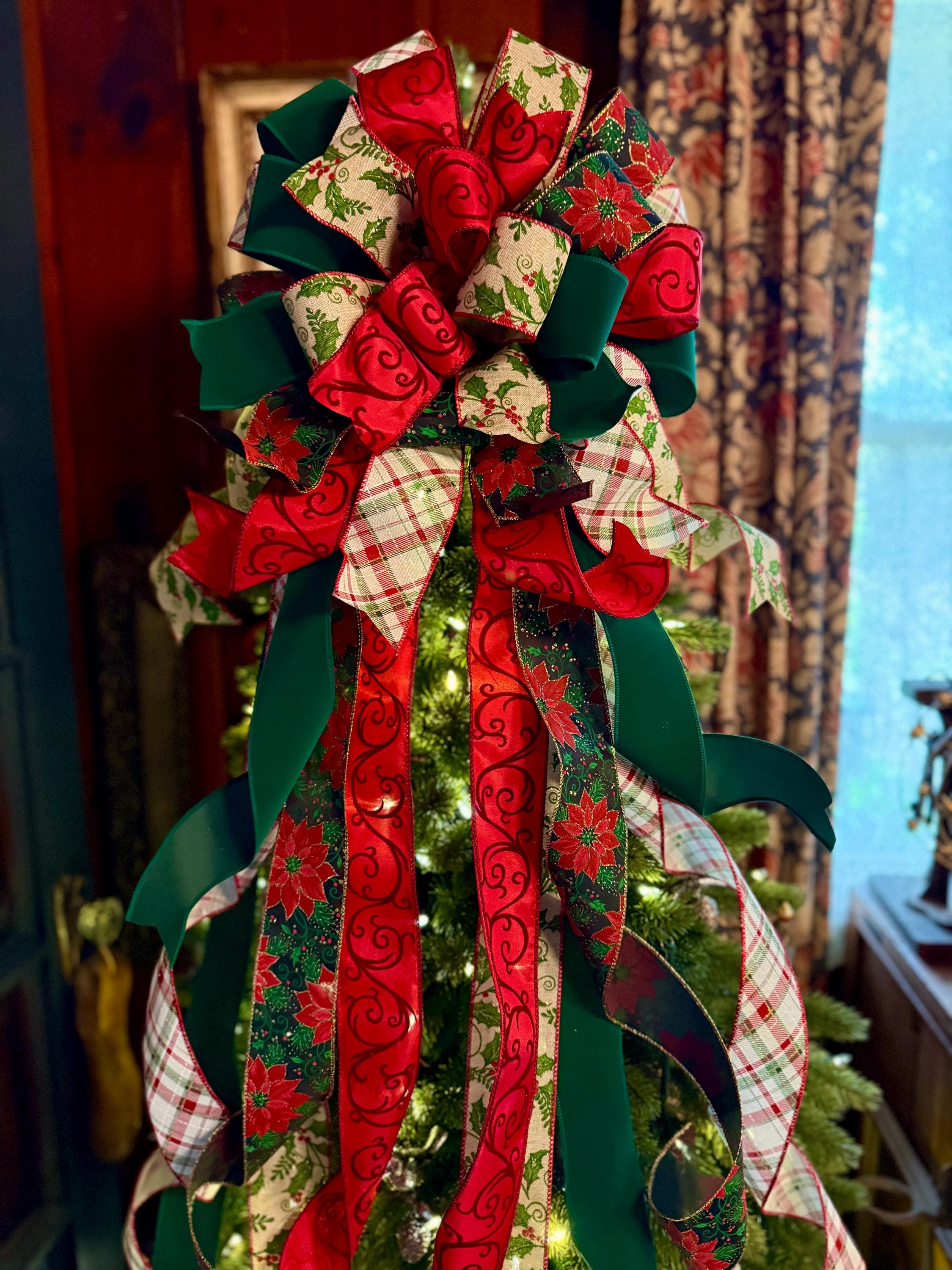 The Holly Red & Green Christmas Tree Topper Bow, XL Long Streamer ...