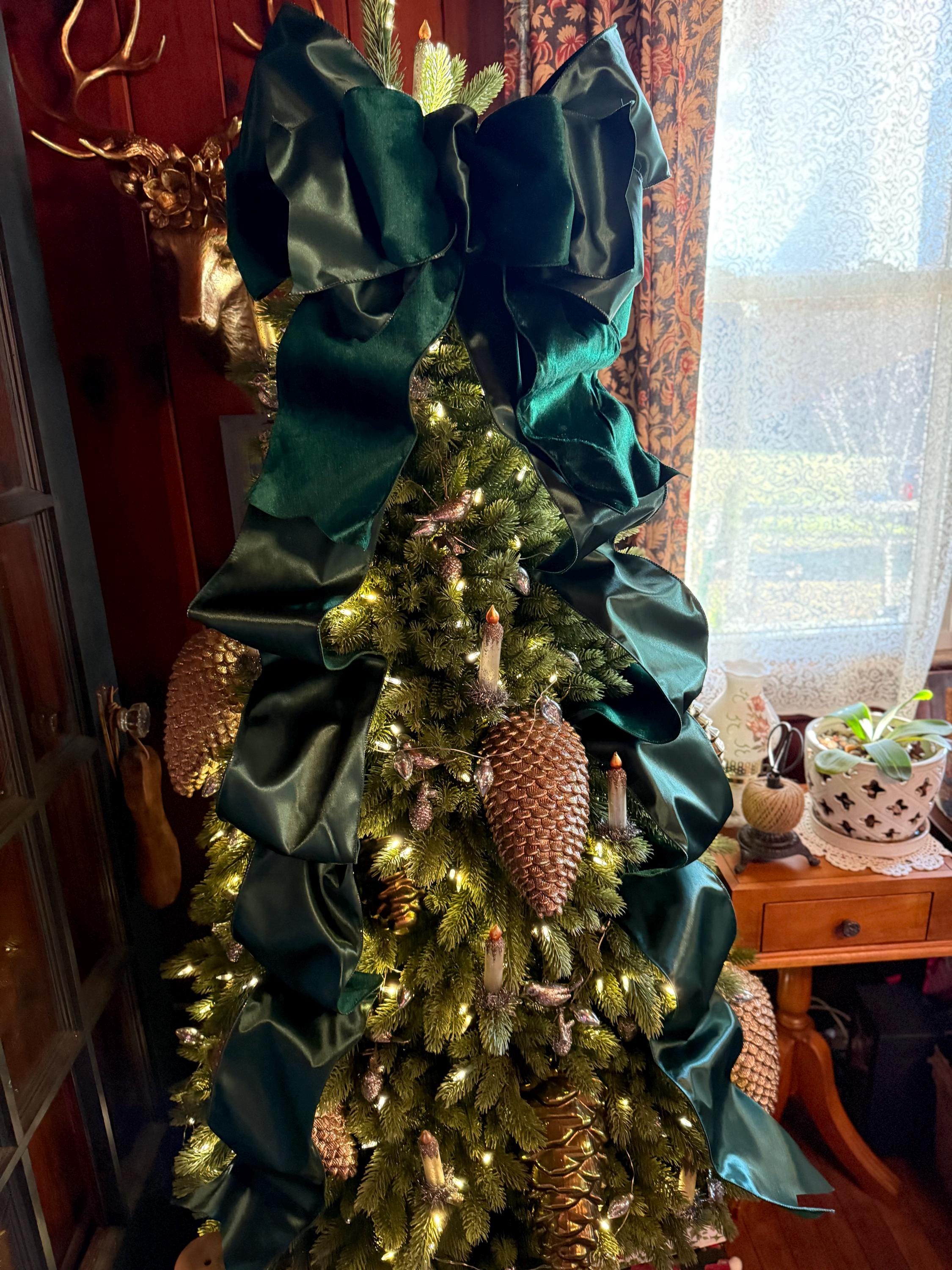 The Emmy Hunter Green Plush Velvet XL Christmas Tree Topper Bow, Luxury ...