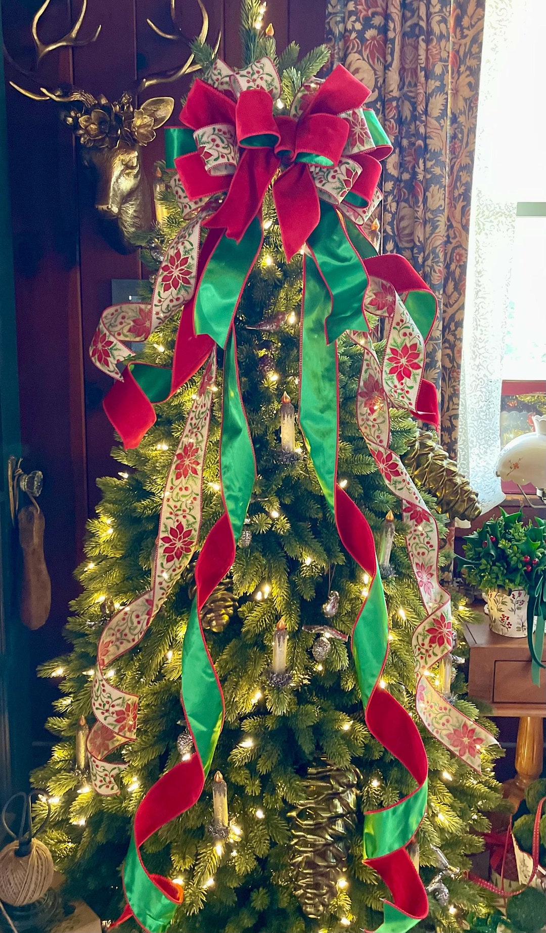 Red & Green Velvet Tree Top Bow the Lottie, XL Christmas Tree Topper ...