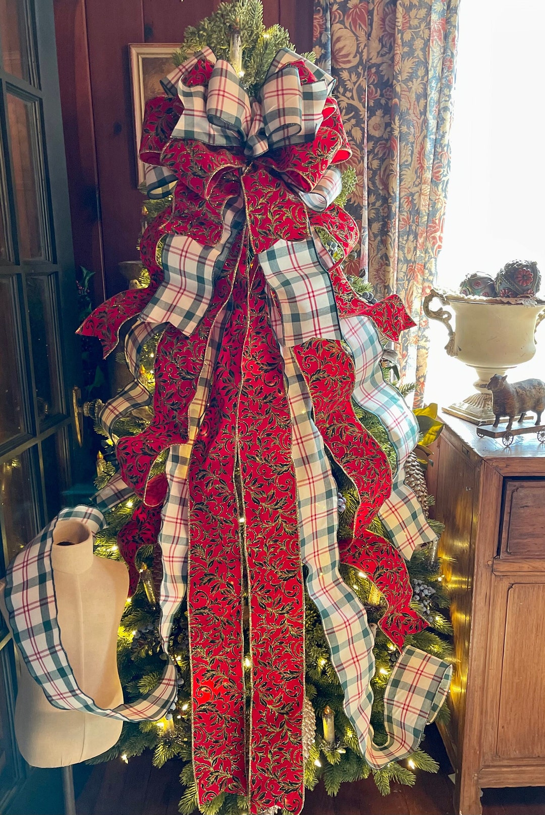 The Ophelia Red Green & Cream Plaid Christmas Tree Topper Bow, Luxury ...