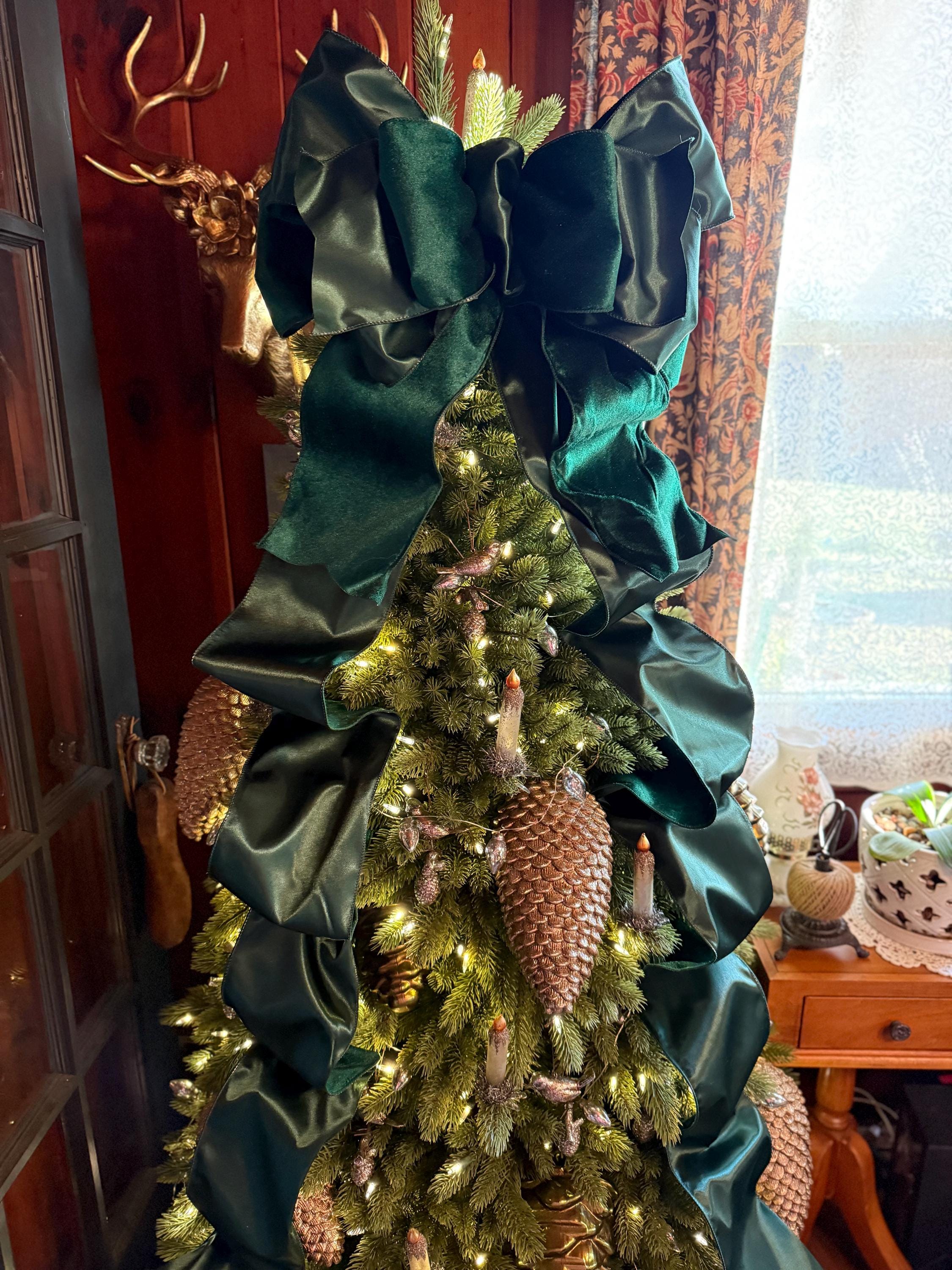 The Emmy Hunter Green Plush Velvet XL Christmas Tree Topper Bow, Luxury ...