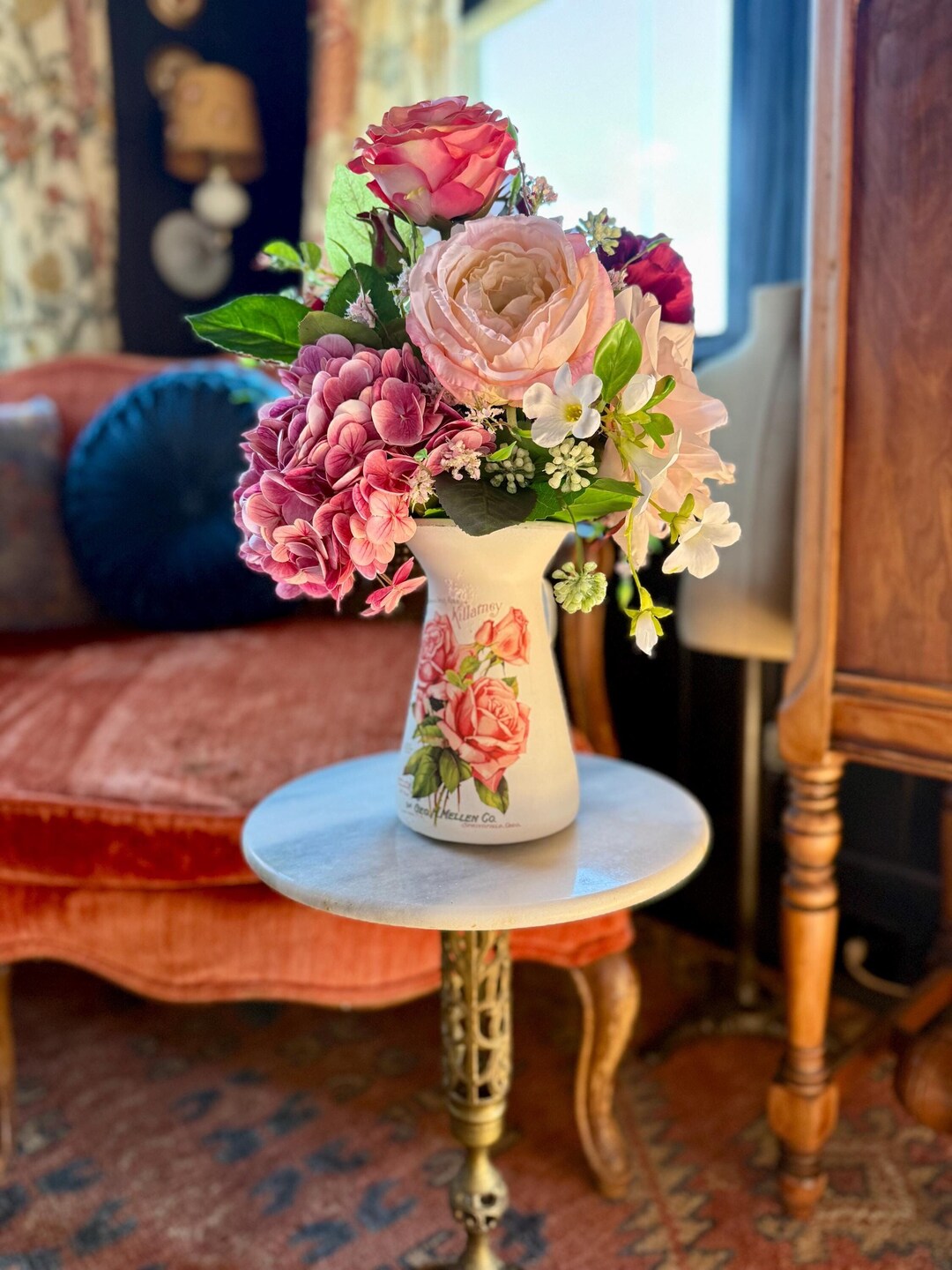 Cottage Rose Centerpiece, French Country Floral Pitcher, Faux Pink ...
