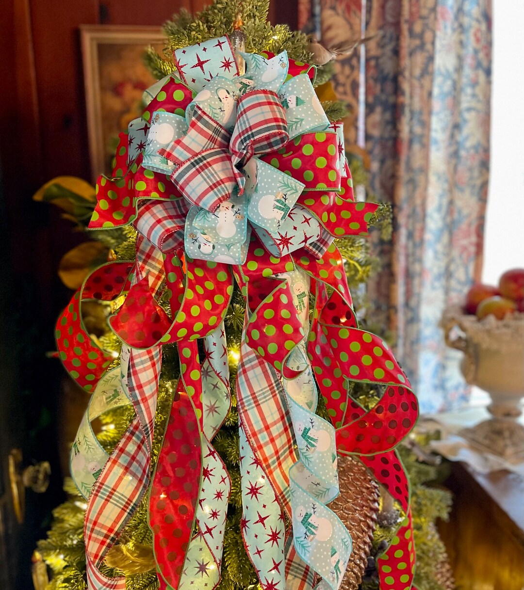 The Christy Red, Blue & Mint Green Whimsical Christmas Tree Topper Bow ...