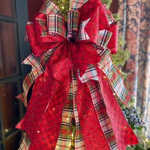 The Adele Red & Navy Plaid Christmas Tree Topper Bow Luxury - Etsy
