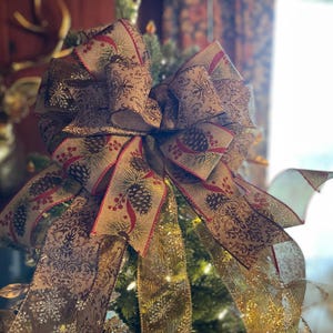 The Balsam Gold Christmas Tree Topper Bow, Pinecone Bow Topper, Xmas ...