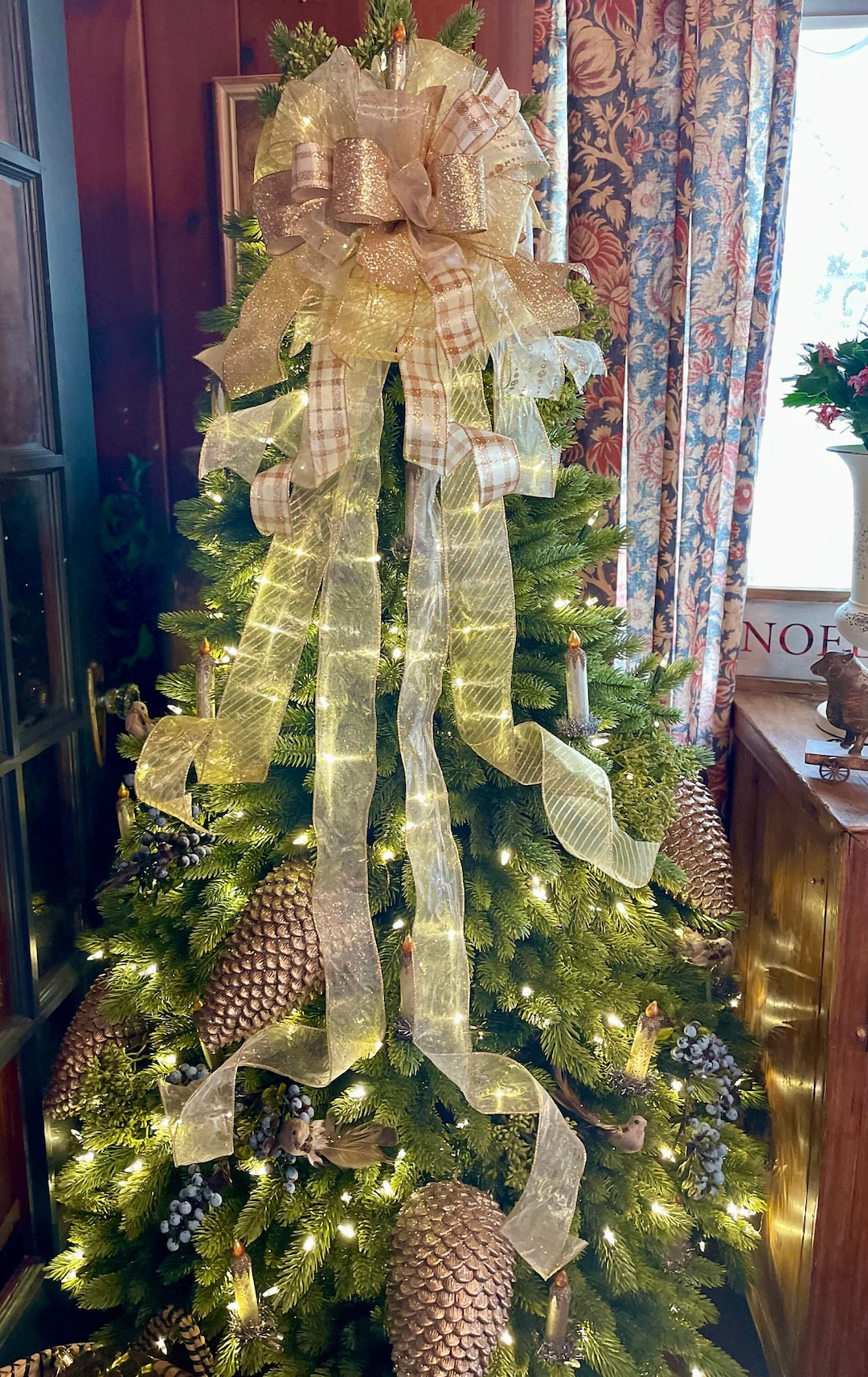 The Colleen White & Gold Christmas Tree Topper Bow, Bow for Wreaths ...