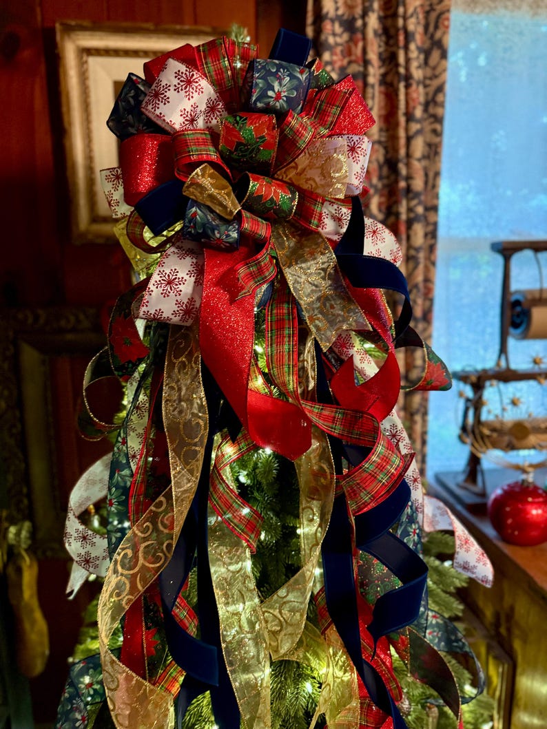 The Janice XL Christmas Tree Topper Bow, Red, Navy, Gold Ribbon Cascade ...