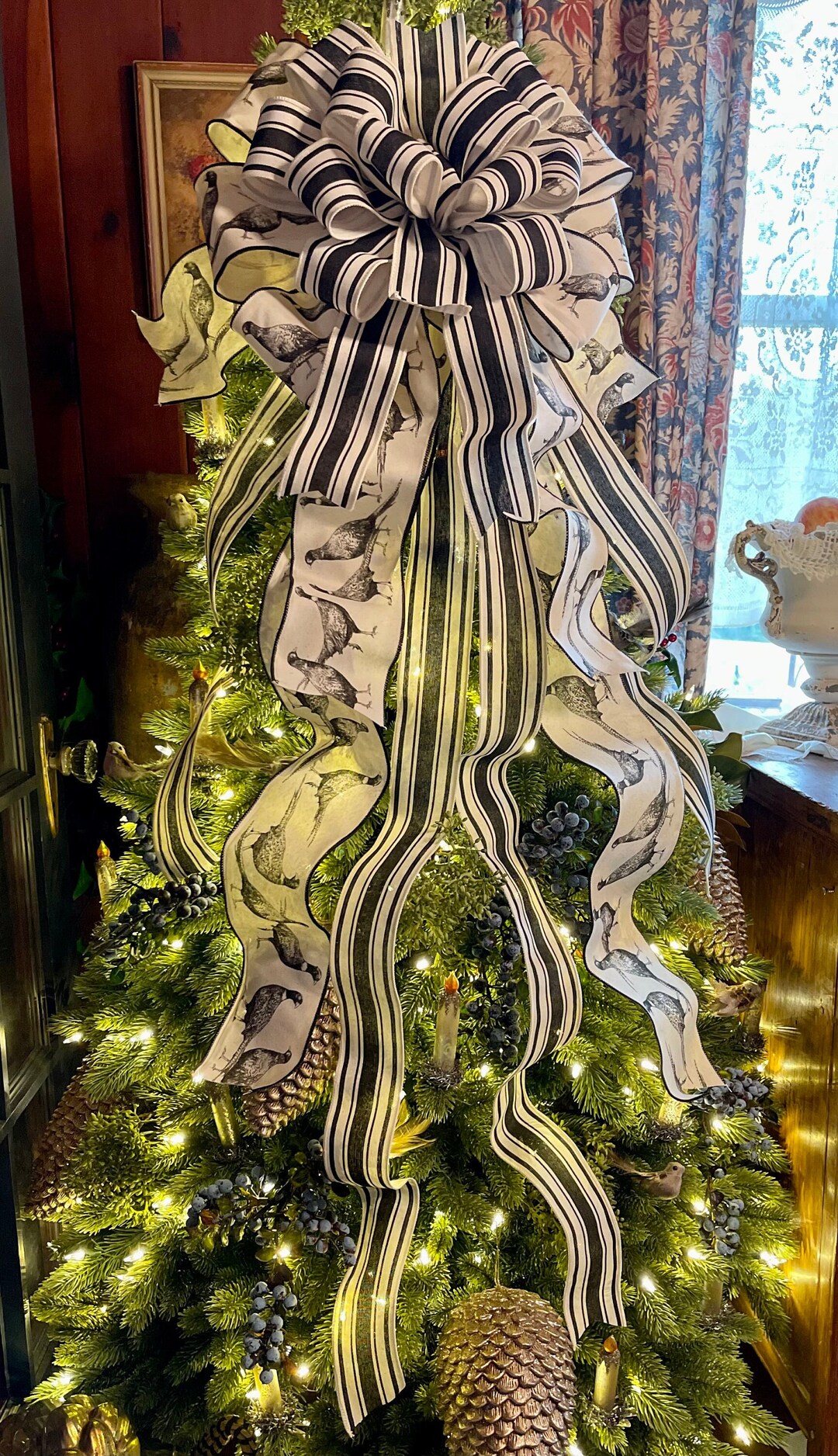 The Chauncey Cream & Black Pheasant Luxury Christmas Tree Topper Bow ...