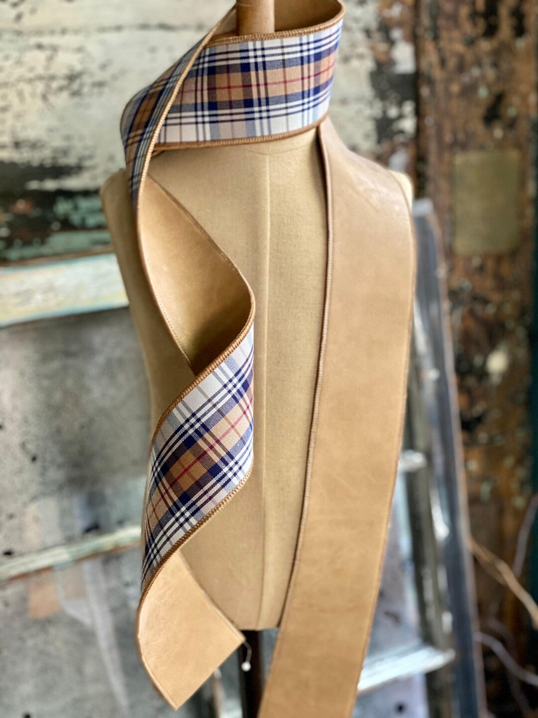 White Navy Blue & Beige Plaid Wired Ribbon 2.5" X 10 YARD ROLL, All ...