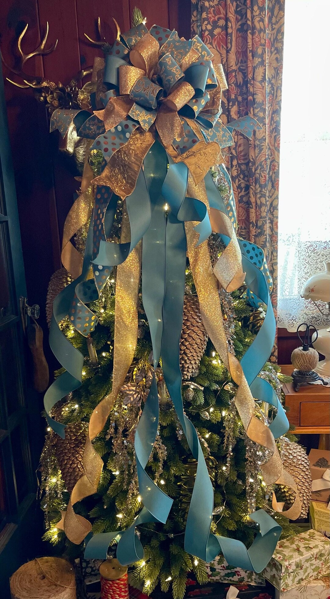 The Cyan Smoke Blue & Gold Christmas Tree Topper Bow, Luxury Bow, Xmas ...