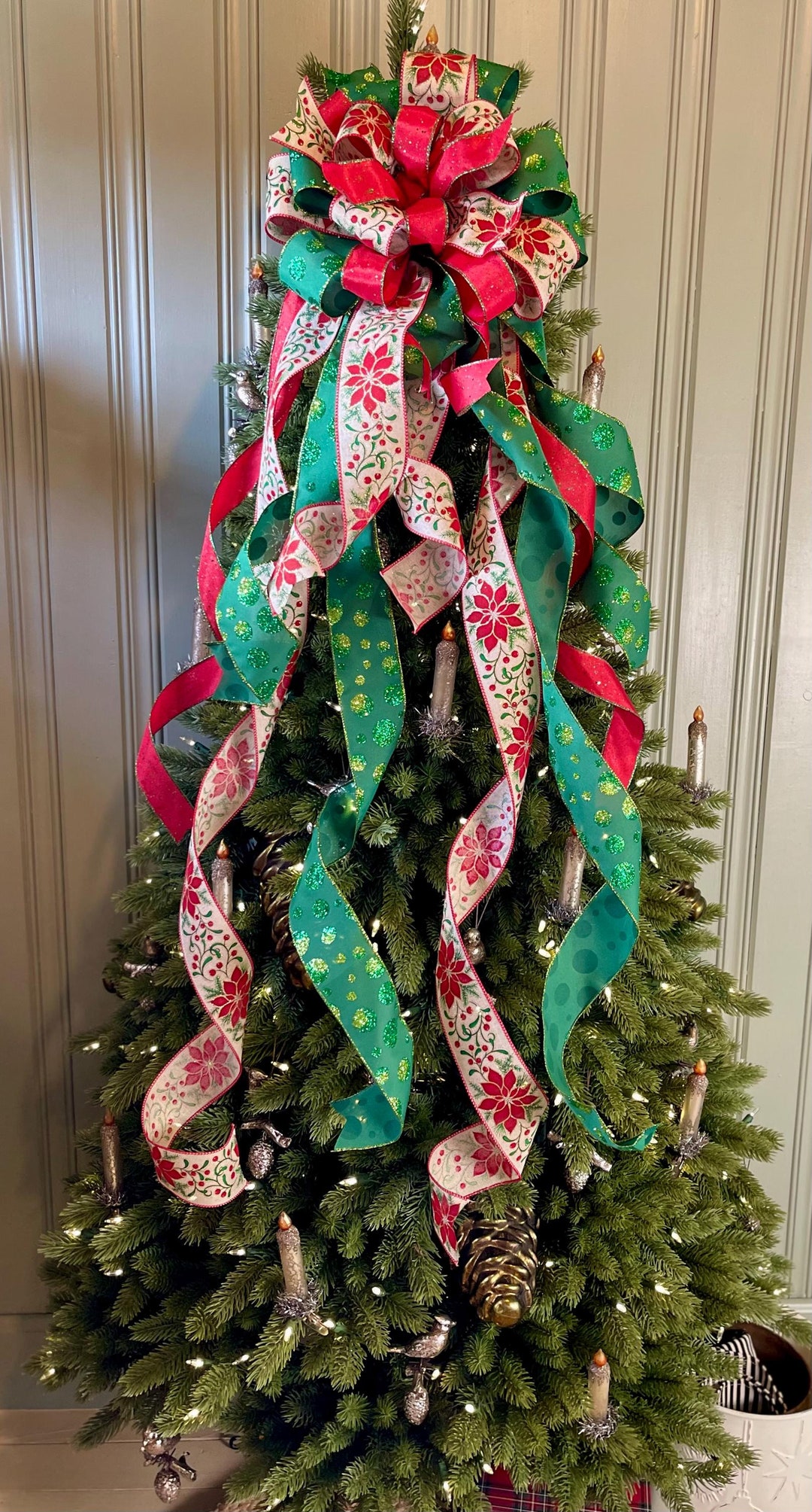 The Nicolette Red & Green Christmas Tree Topper Bow, Cottage Bow ...