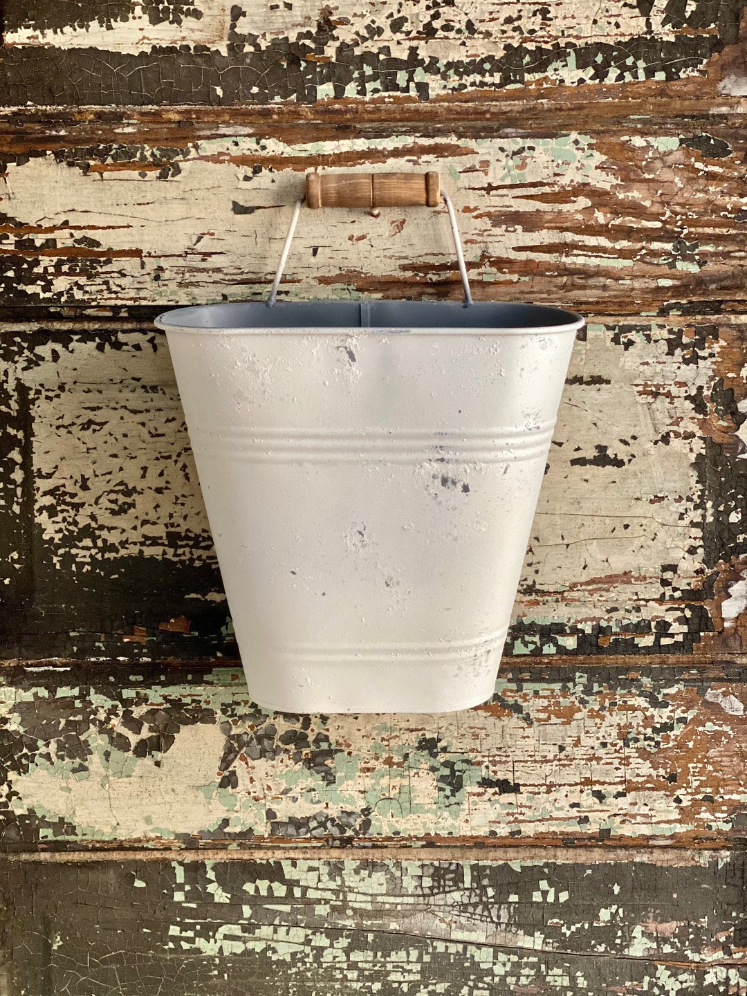 Farmhouse Distressed White Metal Wall Pocket, Rustic Hanging Planter ...