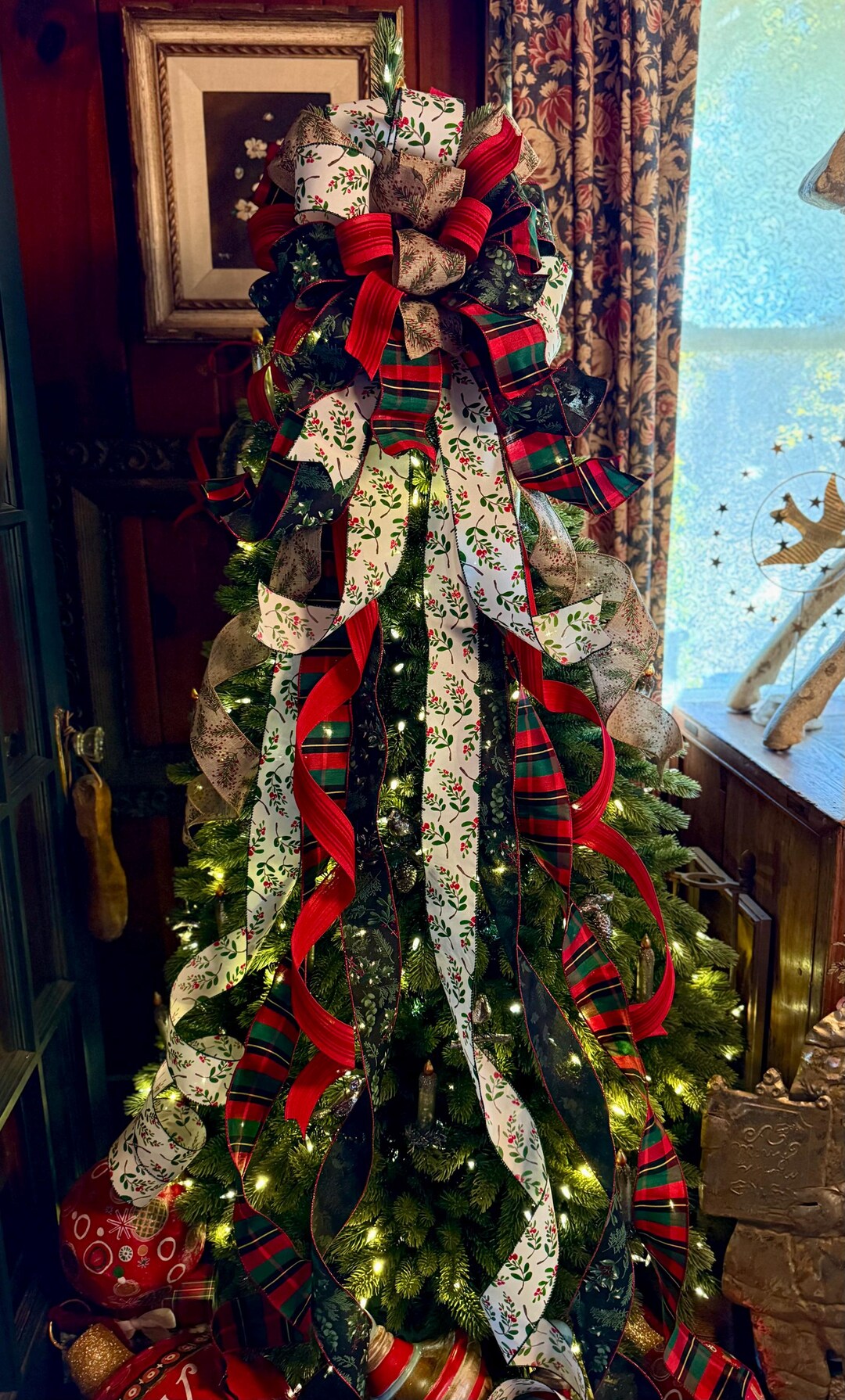 The Belinda Red + Black Christmas Tree Topper Bow, Farmhouse Cottage ...