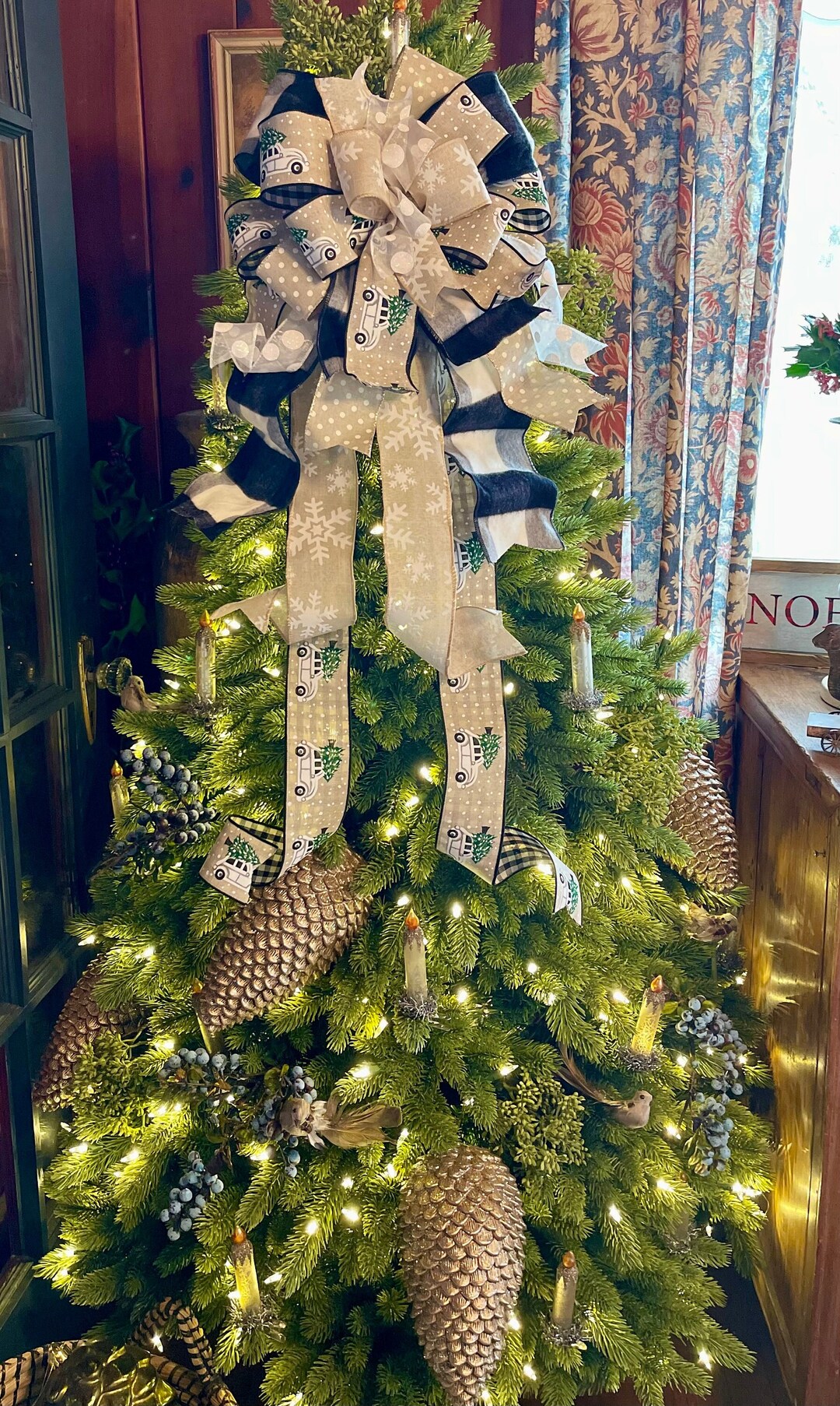 The Brandy White & Black Christmas Tree Topper Bow, Ribbon Tree Topper ...