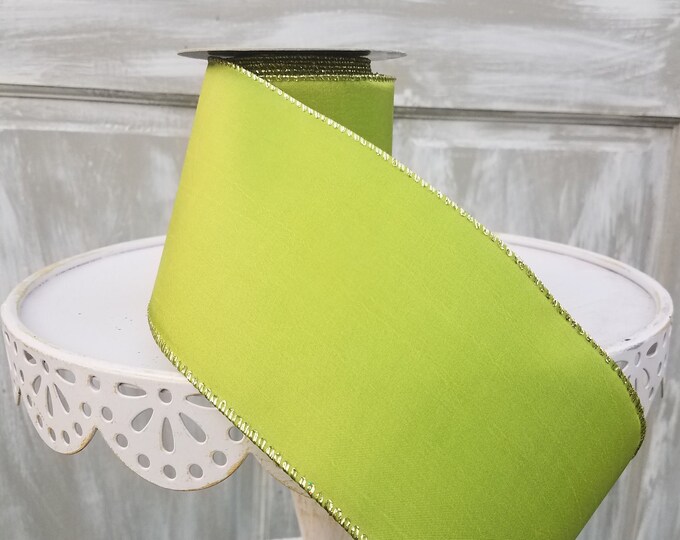 10 Yards, 4 Inch Wired Ribbon, Lime Green Ribbon, Green Ribbon, Gold ...