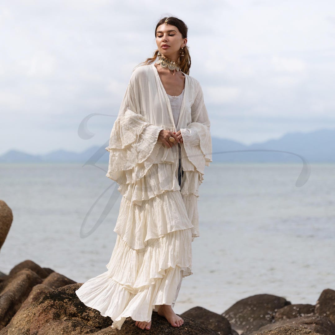 Plus Size Cotton Gauze Kimono Duster: Ivory Sandstone Ruffle Boho Layer ...