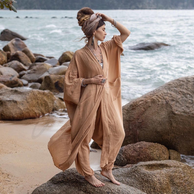 Boho Cotton Kimono Robe & Harem Pants Set - Copper Dusk Willow - Etsy