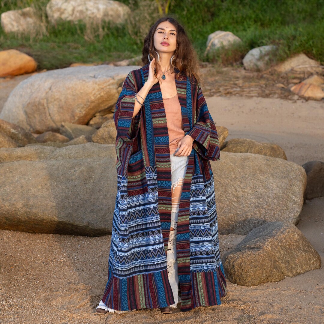 Plus Size Handwoven Cotton Kimono Robe: Mystic Wave Boho Duster ...