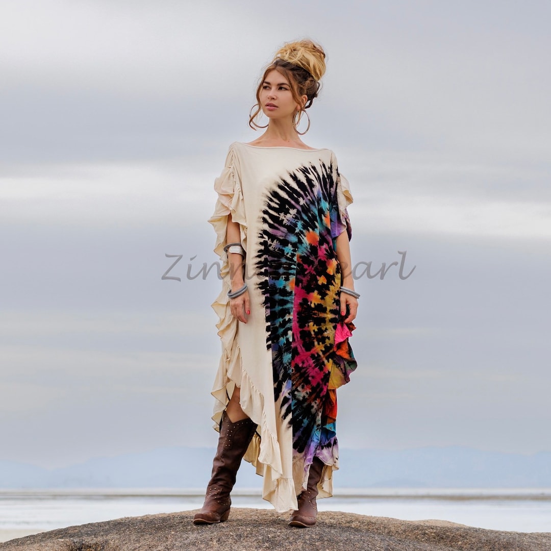 Ema Hand Tie Dye Maxi Festival Kaftan Dress Jersey Cotton Boho Hippie ...