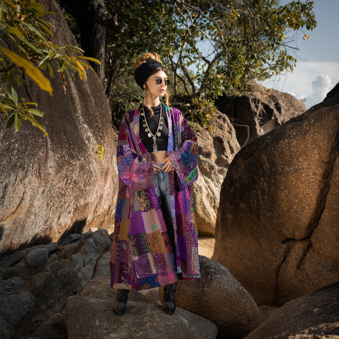 Amethyst Nina Handmade Boho Quilted Silk Patchwork Jacket - Stunning Plus-size Kimono by ZP ...