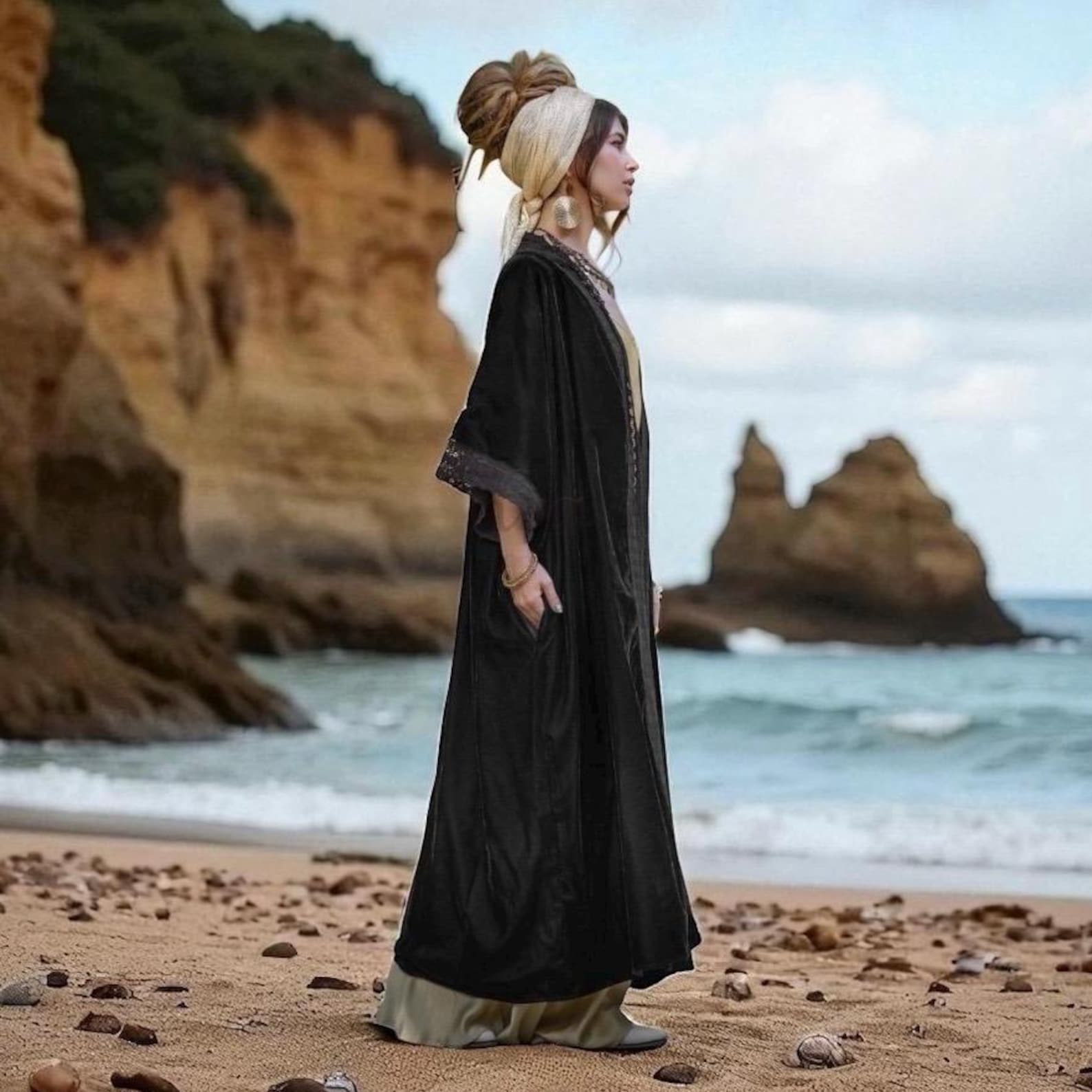 Handmade Onyx Noire Velvet Duster – Lace Trim Kimono Coat | Misty - Etsy