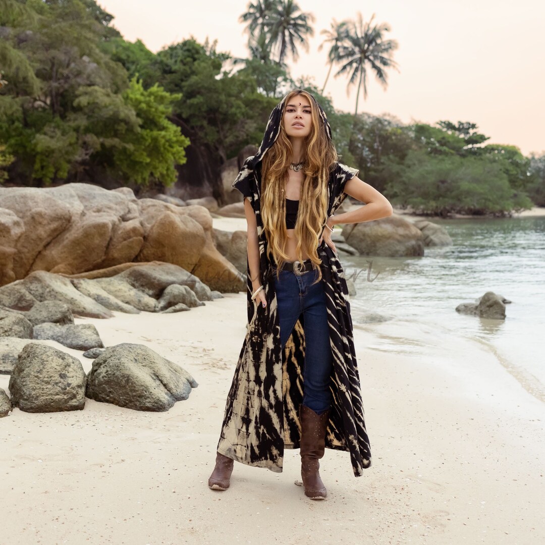 Kayla Hand Tie Dye Maxi Long Festival Cotton Hoodie Duster Beach ...