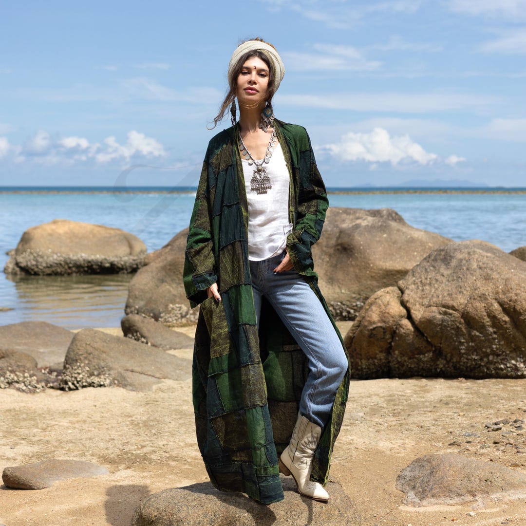 Boho Plus Size Patchwork Kimono Jacket, Oversized Ethnic Duster Coat ...