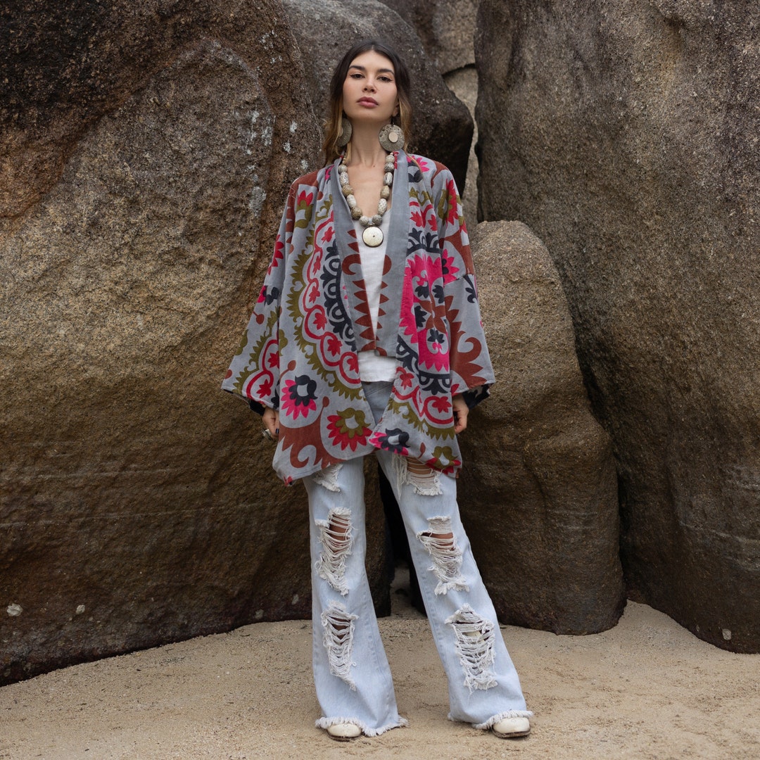 Handmade Velvet Kimono Jacket: Boho Short Coat, Inclusive Sizes - Mei ...