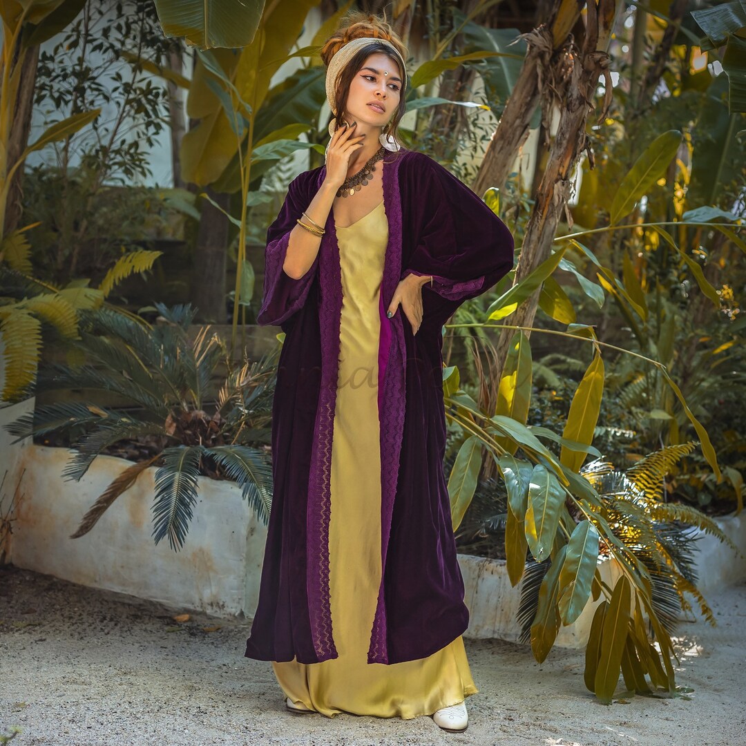 Velvet Kimono Duster Coat – Handmade Plus Size Maxi Robe | Misty Red ...