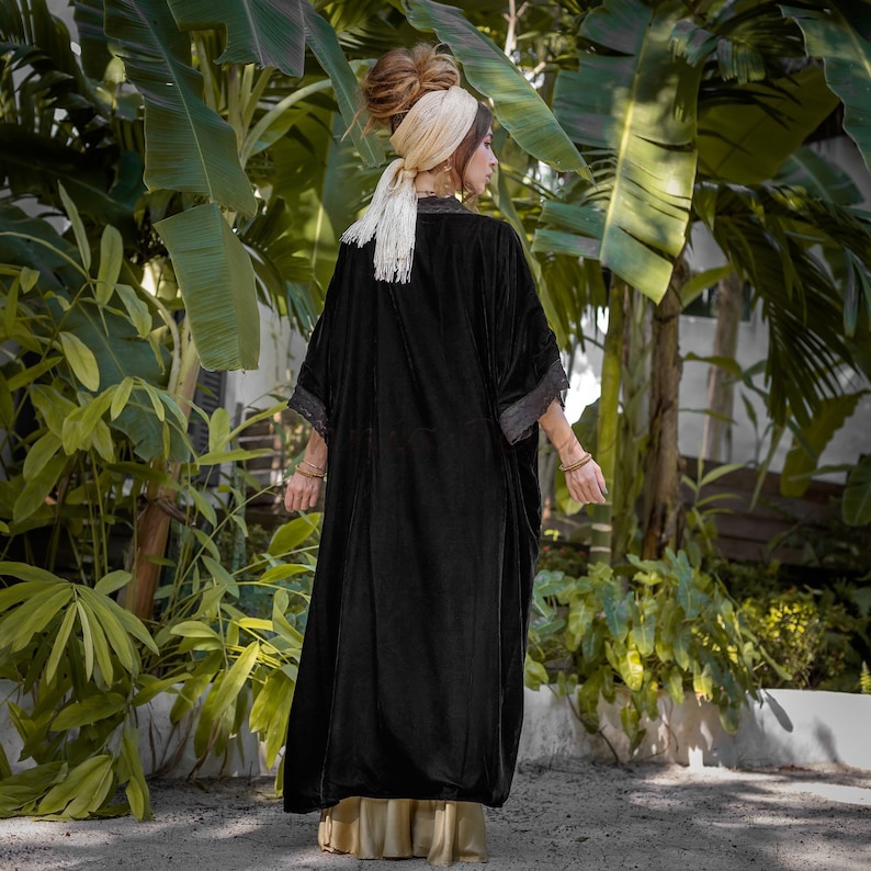 Handmade Onyx Noire Velvet Duster – Lace Trim Kimono Coat | Misty - Etsy
