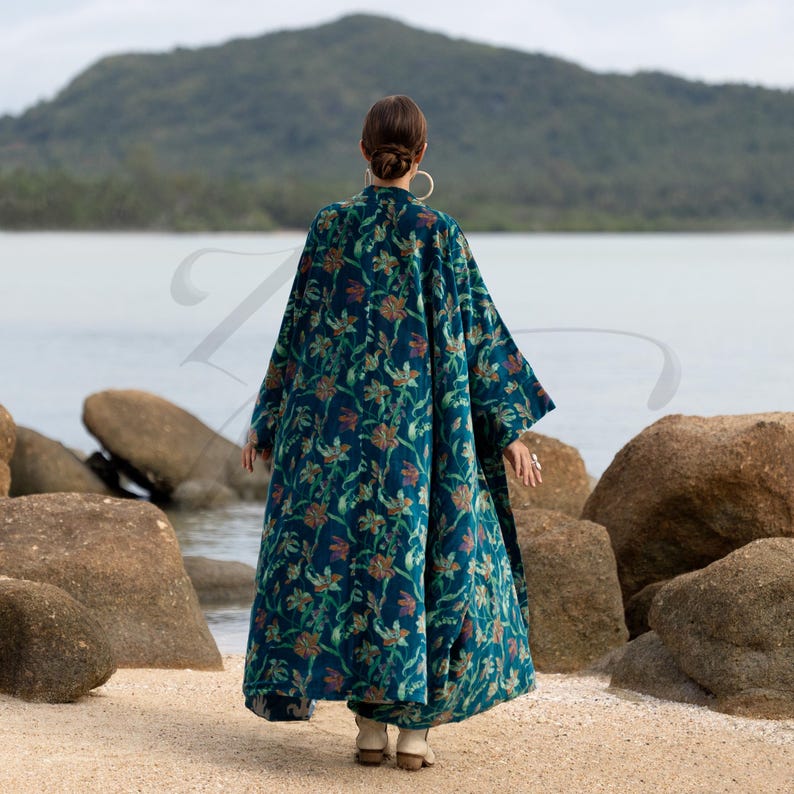 Boho Velvet Kimono Robe - Teal Iris Floral Duster, Plus Size | Harper ...