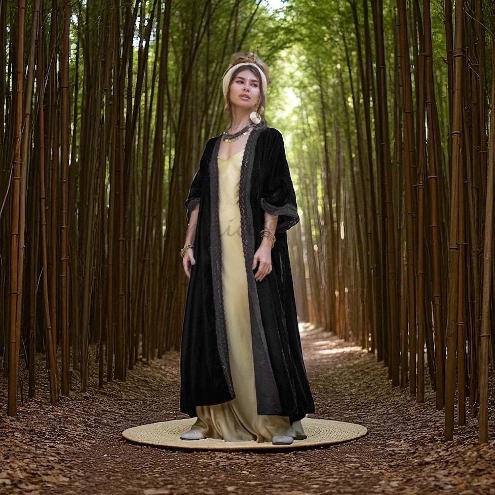 Handmade Onyx Noire Velvet Duster – Lace Trim Kimono Coat | Misty - Etsy