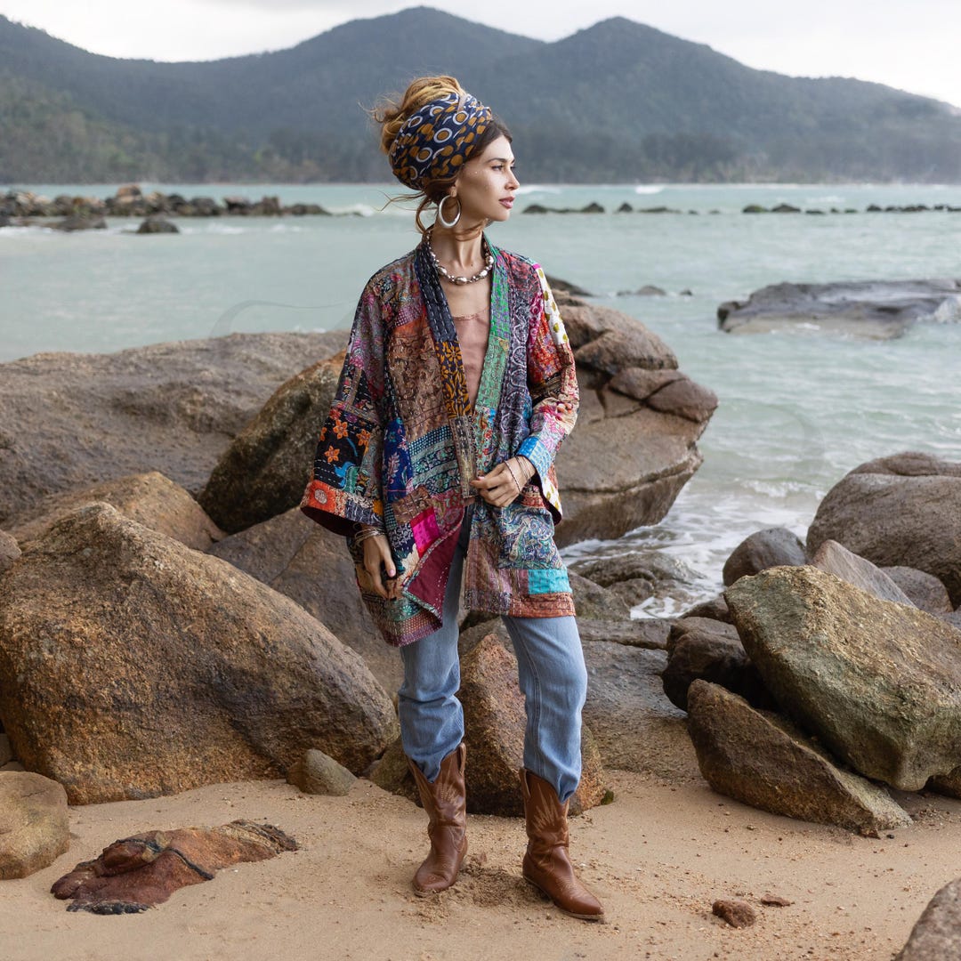 Quilted Silk Kimono Robe: Copper Rust Boho Patchwork Jacket - Mei - Etsy