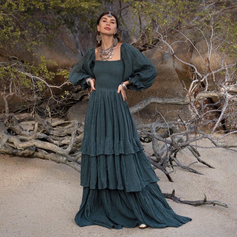 Isabella Amore Boho Wedding Dress: Tiered Cotton Gown, Woodland Jade - Etsy