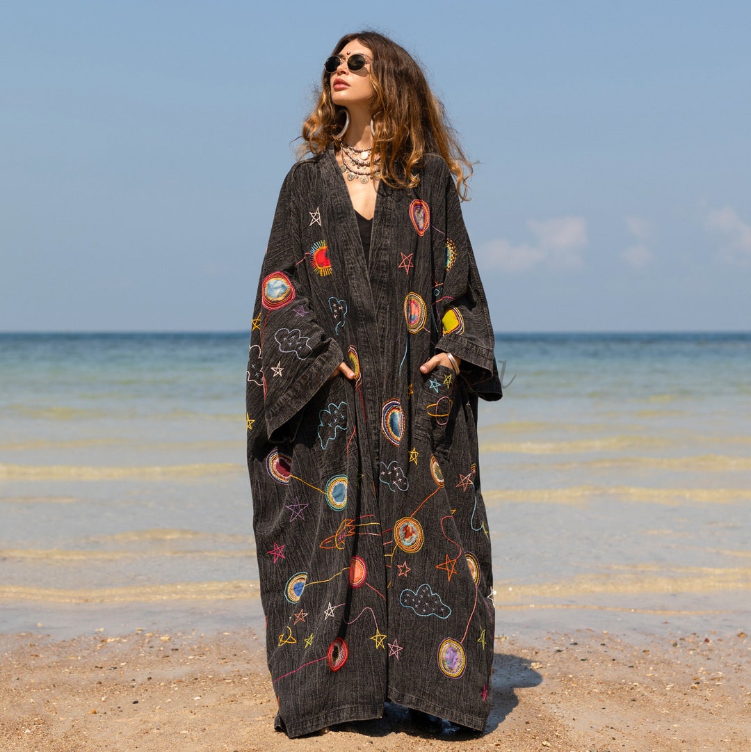 Kosmos Denim Patchwork Kimono - A Bold Handcrafted Embroidered Tie-dye ...