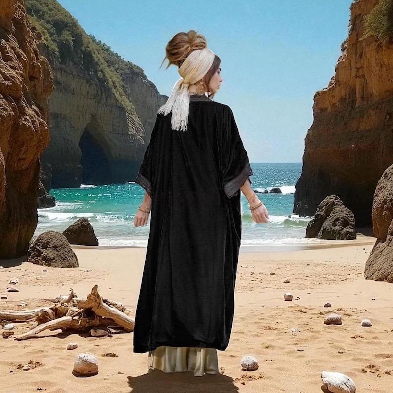 Handmade Onyx Noire Velvet Duster – Lace Trim Kimono Coat | Misty - Etsy