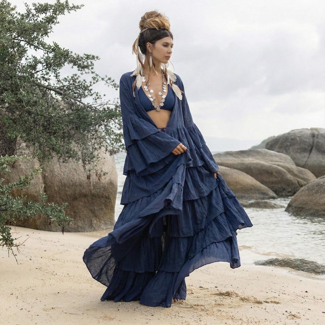 Plus Size Bali Kimono Duster – Raw Cotton Boho Ruffle Wedding Cover up ...