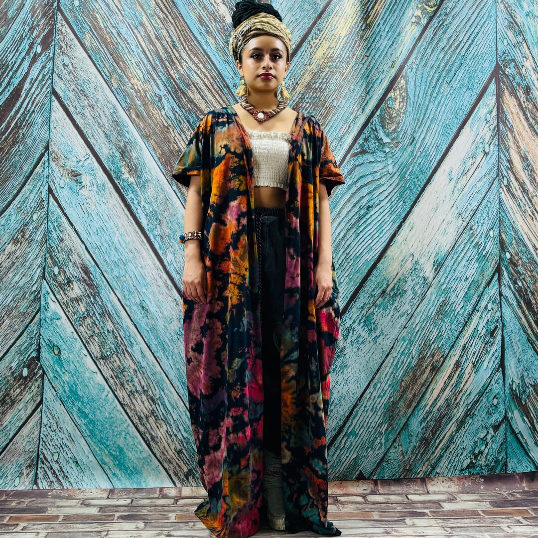 Kayla Tie Dye Kimono Cotton Duster With Hood Beach Coverup Vacation ...