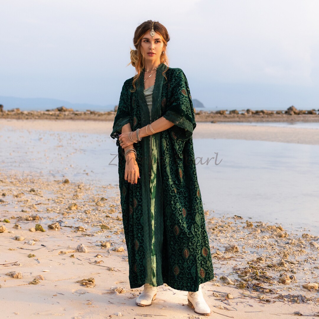 Misty Long Velvet Jacket Kimono Duster Coat Holidays Vacation Festival ...