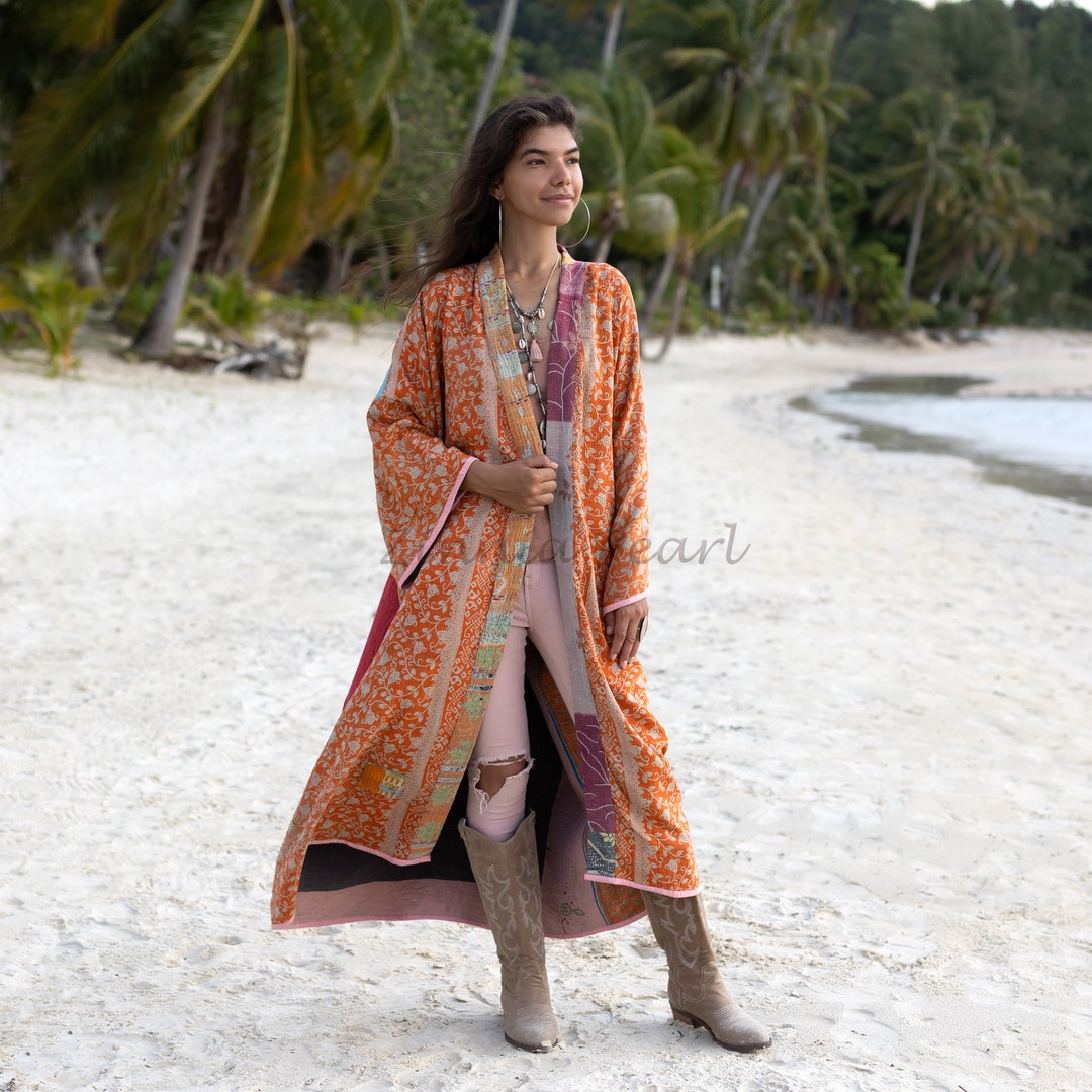 Sakura Reversible Vintage Quilted Duster Kimono Coat| Handmade Autumn ...