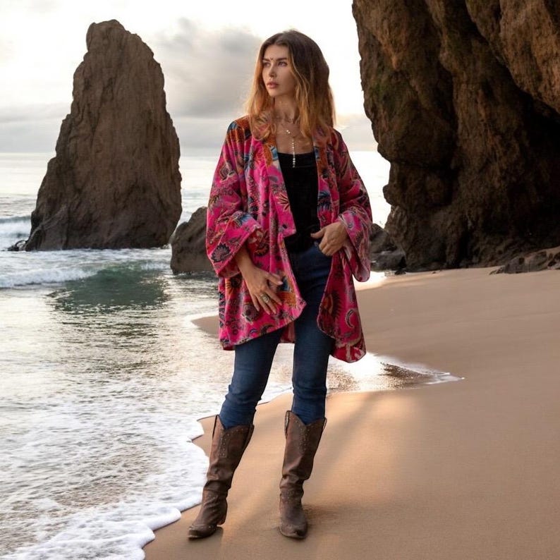 Boho Velvet Kimono Duster – Mei in Wild Fuchsia Floral | Plus Size ...