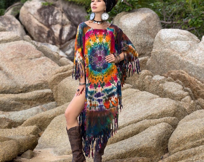 Boho Fringe Tunic Dress: Celestial Tie-dye Cotton Poncho - Arlo - Etsy