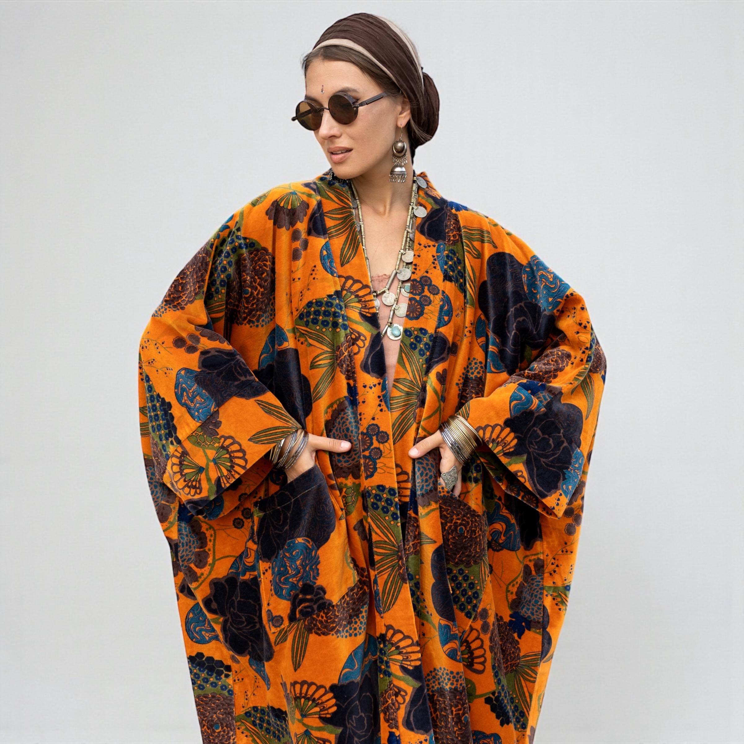 Plus Size Velvet Kimono Duster – Sunfire Bloom Floral Boho Robe ...