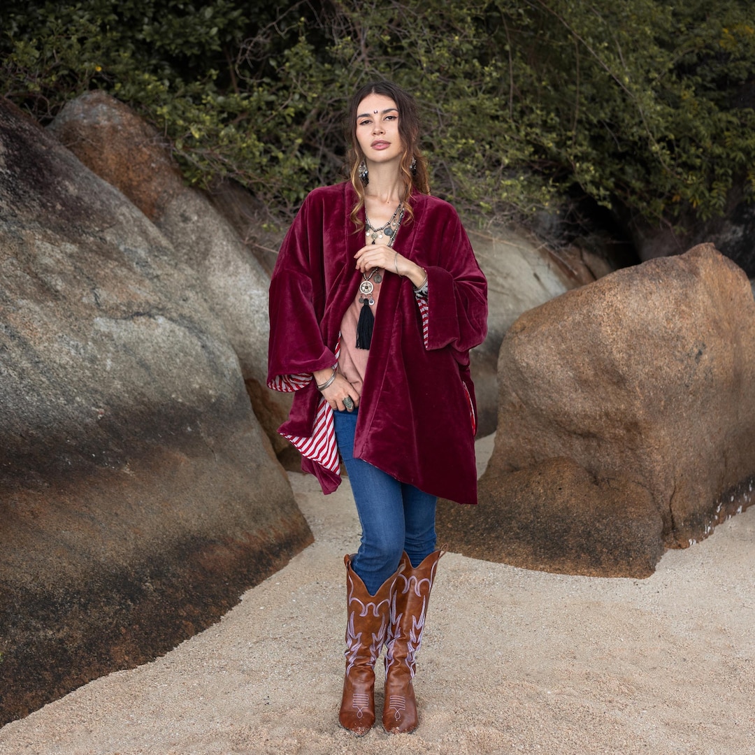 Merlot Velvet Kimono Jacket: Boho Short Coat, Plus Size Winter Outfit ...