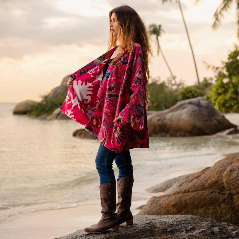 Boho Velvet Kimono Duster – Mei in Wild Fuchsia Floral | Plus Size ...