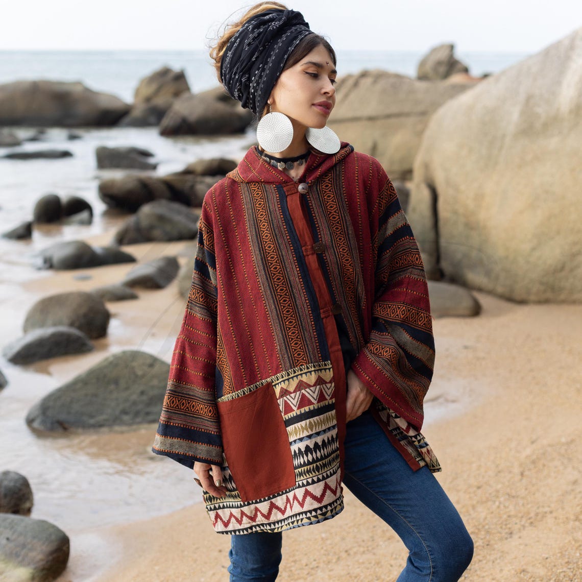 Handwoven Gheri Kimono Coat: Red Sahara Patchwork Jacket, Boho Plus ...