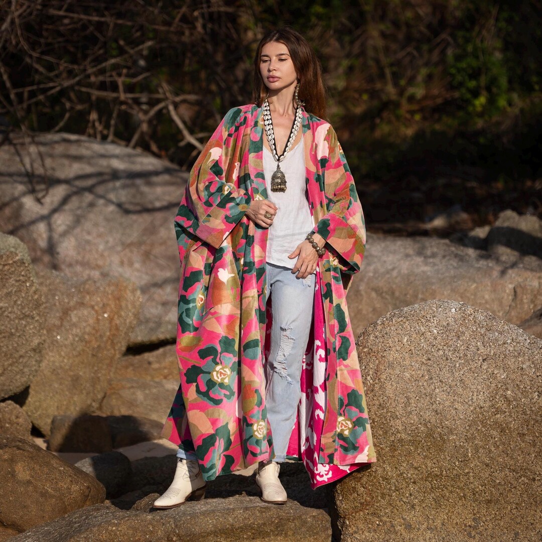 Plus Size Velvet Duster Coat – Luxury Boho Floral Cotton Velvet Maxi ...