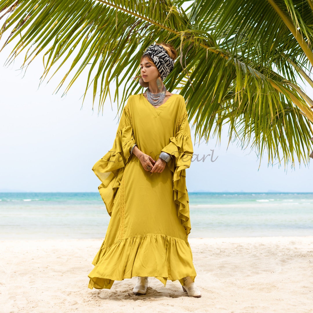 Ruffled Viscose Kaftan Dress: Boho Beach Abaya Maxi Dress - Wild Heart ...